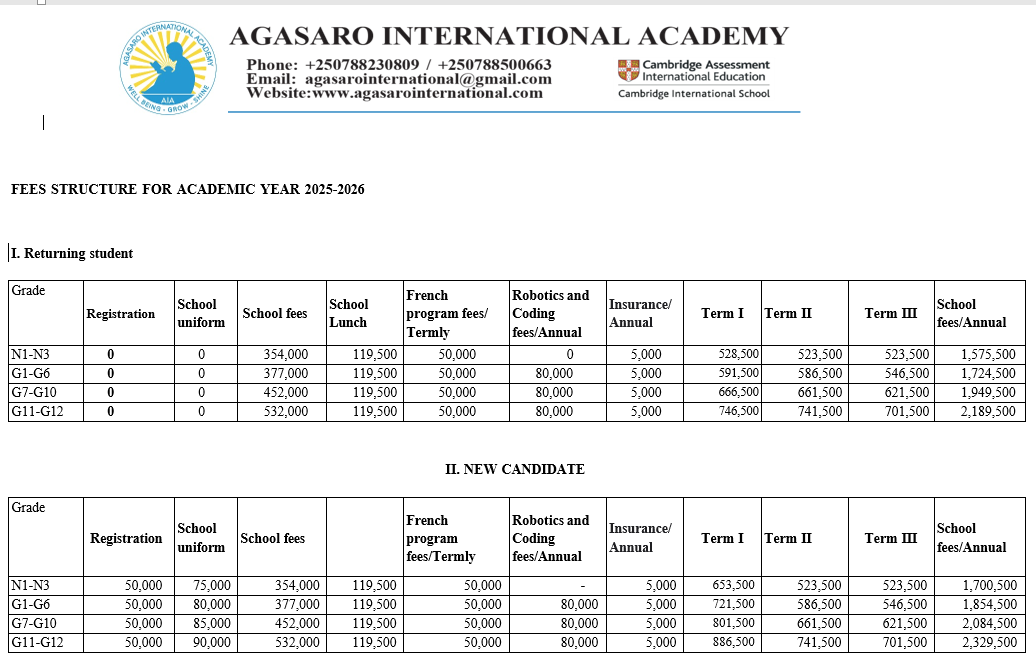 School fees – Agasaro International Academy